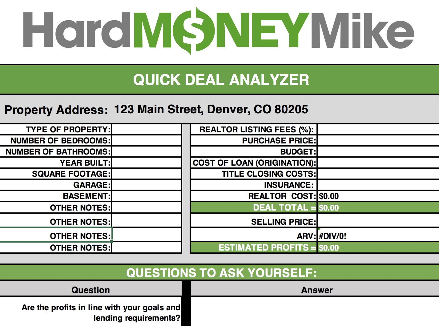 Download Quick Deal Analyzer - Hard Money Mike